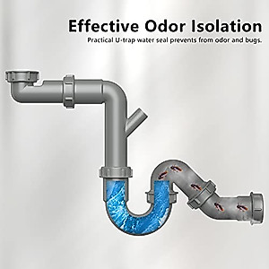 LOONGSHINET 1 1/2" All-In-One Sink Drain Kit for Single Kitchen Sink, Multi-function P Trap Pipe Adjustable for Wall Drain/Ground Drain with Durable Materials, Grey