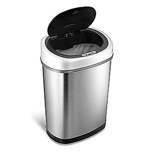 NINESTARS DZT-42-9 Automatic Touchless Infrared Motion Sensor Trash Can, 11 Gal 42L, Stainless Steel Base (Oval, Silver/Black Lid)