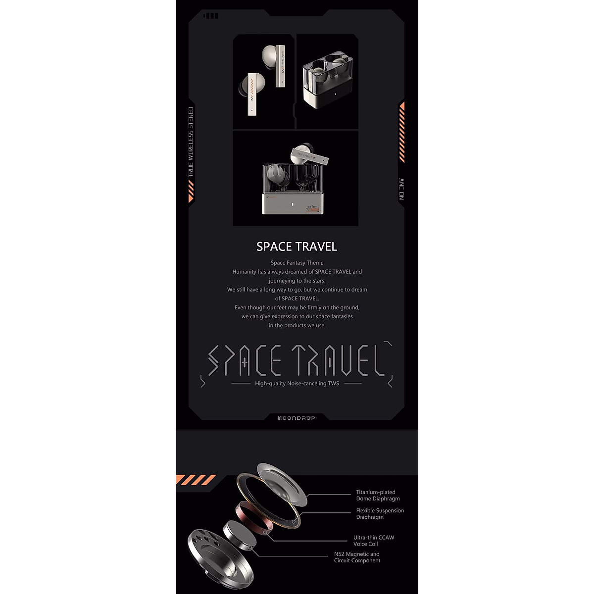 Moondrop Space Travel TWS Earphone Bluetooth 5.3 Noise Canceling True Wireless Stereo IEMs(Black)