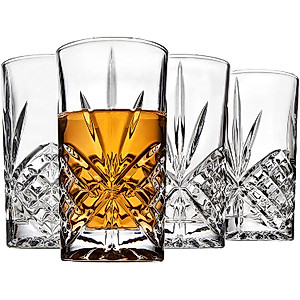 Elegant Crystal Pitcher Drinkware Set with 4 Crystal highball Tumblers, Beautiful Jug with handle and Spout for Chilled Beverage Homemade Juice, Iced Tea or Water