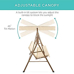 Best Choice Products 2-Person Outdoor Patio Swing Chair, Hanging Glider Porch Bench for Garden, Poolside, Backyard w/Convertible Canopy, Adjustable Shade, Removable Cushions - Beige