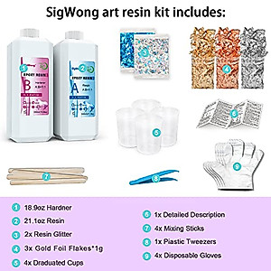 Epoxy Resin Clear Crystal Coating Kit 40oz - 2 Part Casting Resin for Art, Craft, Jewelry Making, River Tables, Bonus Gloves, Measuring Cup, Wooden Sticks, Dropper, Gold Foil Flakes and Tweezers
