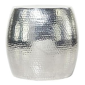 Deco 79 Aluminum Metal Side End Accent Table Drum Shaped End Table with Hammered Design, Side Table 14" x 14" x 16", Silver