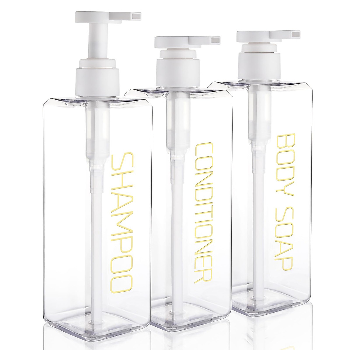 Shampoo and Conditioner Dispenser Shower Soap Bottles 3 Pack 550ml/18.6oz Refillable Shampoo Pump Bottle Dispenser Plastic Empty Body Wash Dispensers with Stylish Permanent Labels for Bathroom (Clear)