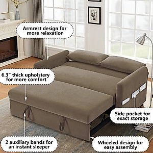 HUMEHA 57" Convertible Sleeper Sofa Bed, 3 in 1 Upholstered Velvet Loveseat Sofa with Put Out Bed, Modern 2 Seats Couch with Adjustable Back, 2 Pillows Side Pocket for Living Room RV, Brown