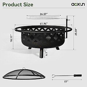 Aoxun Fire Pit, 42" Outdoor Wood Burning Fire Pit with Large Grill, BBQ Large Fire Table for Camping, Heating, Picnics