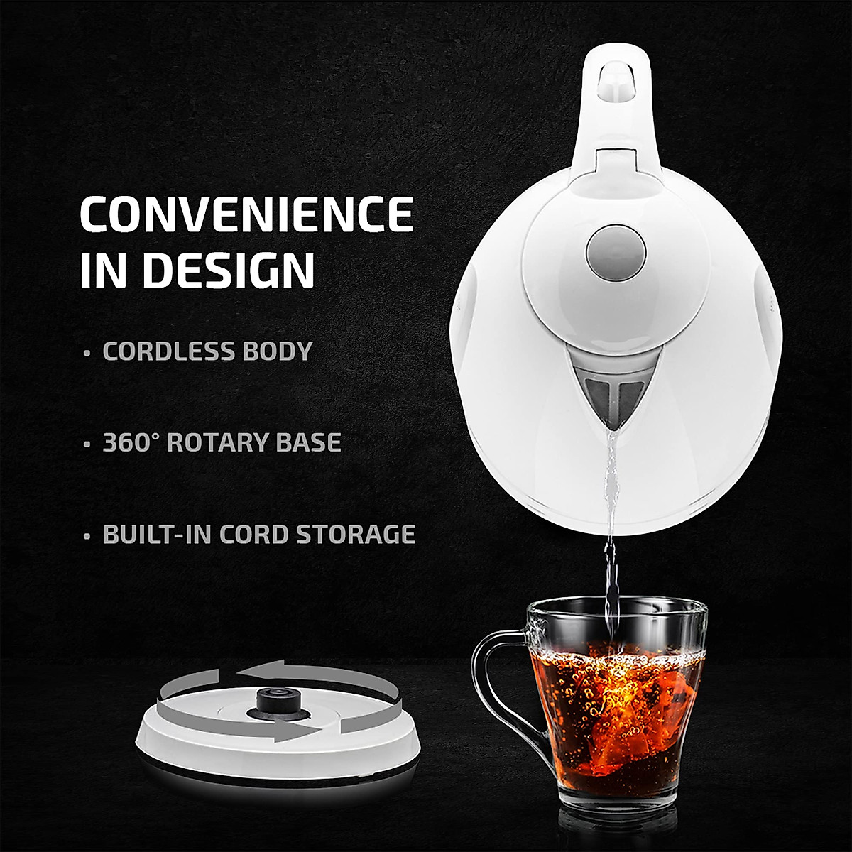 Ovente Electric Kettle 1.7 Liter Cordless Hot Water Boiler, 1100W with Automatic Shut-Off and Boil Dry Protection, Fast Boiling BPA-Free Portable Instant Heater for Making Tea, Coffee, White KP72W