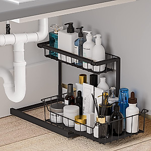 JTWEB Under Sink Organizer: L-Shaped Metal Pull Out, Ideal for Kitchen and Bathroom Sink Organization, Black