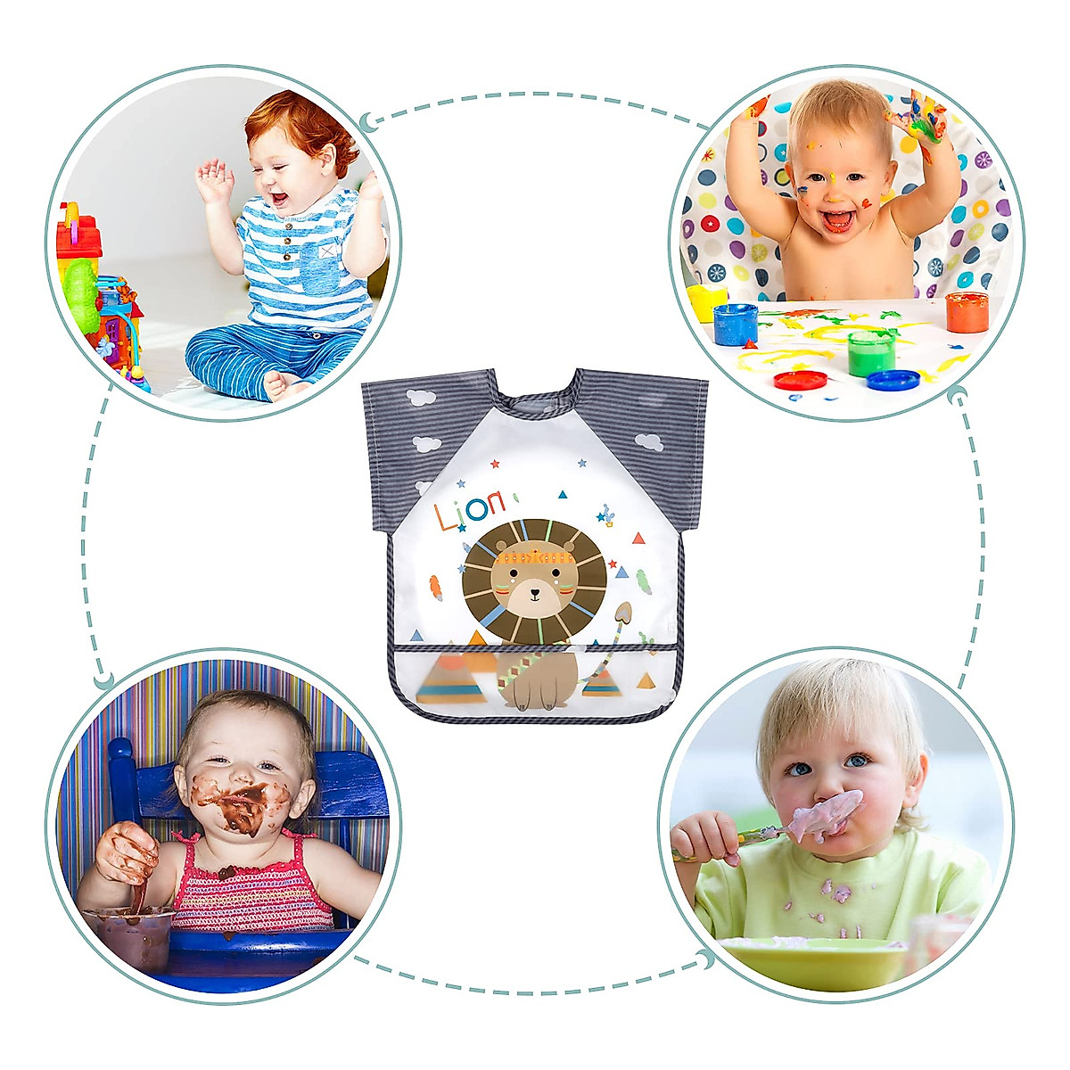 Accmor 3 Pack Short Sleeved Bibs/Waterproof Baby Bibs/Toddler Bibs/Smock, Washable Bibs for Baby Toddler 6-36 Months