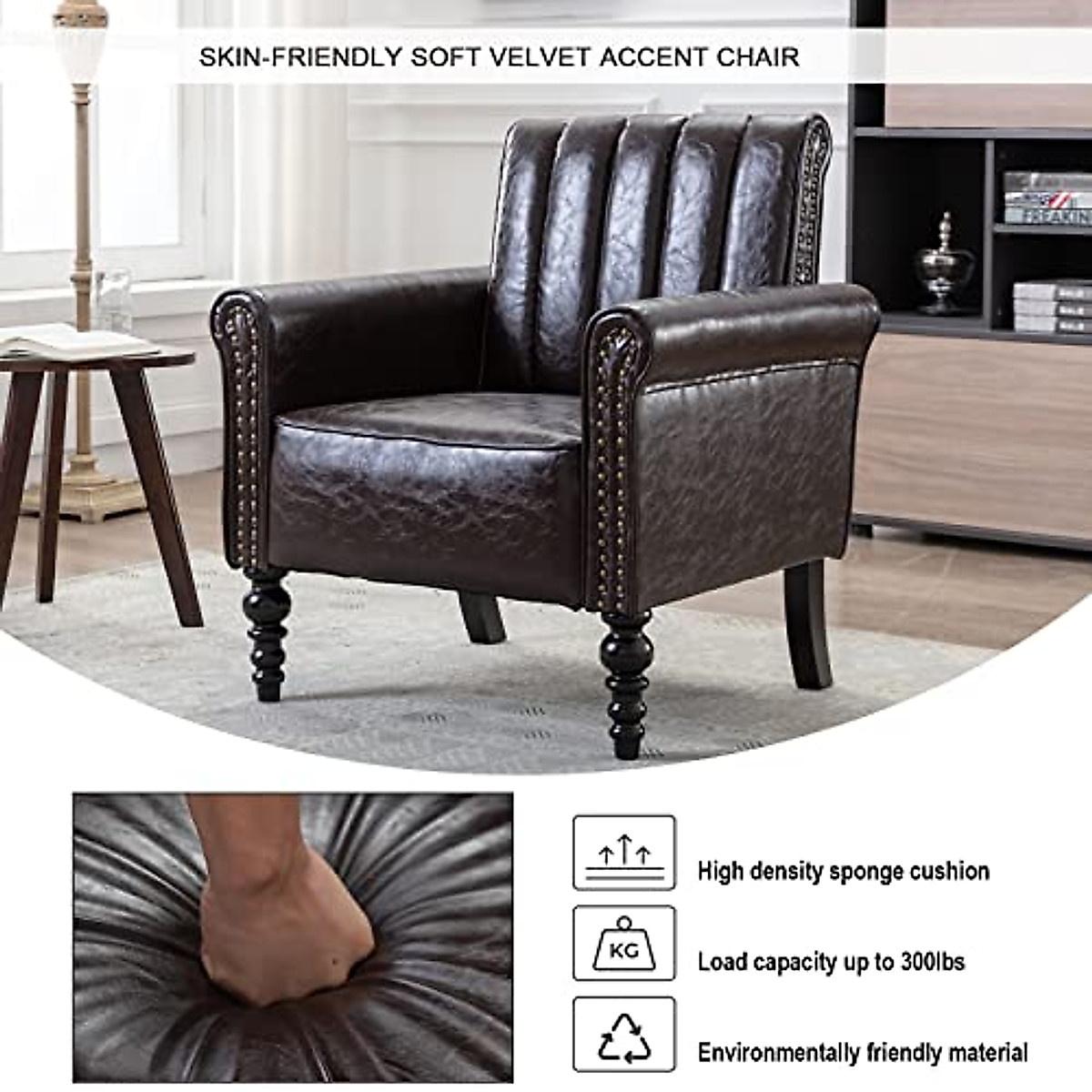TTGIEET PU Leather Accent Chair with Arms for Living Room, Modern Upholstered Armchair with Solid Wood Legs for Single Sofa Reading Club Chair Living Room, Bedroom, Office(Dark Brown)