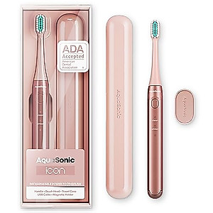 Aquasonic Icon ADA-Accepted Rechargeable Toothbrush | Magnetic Holder & Slim Travel Case | 2 Brushing Modes & Smart Timers | Modern & Convenient (Blush)