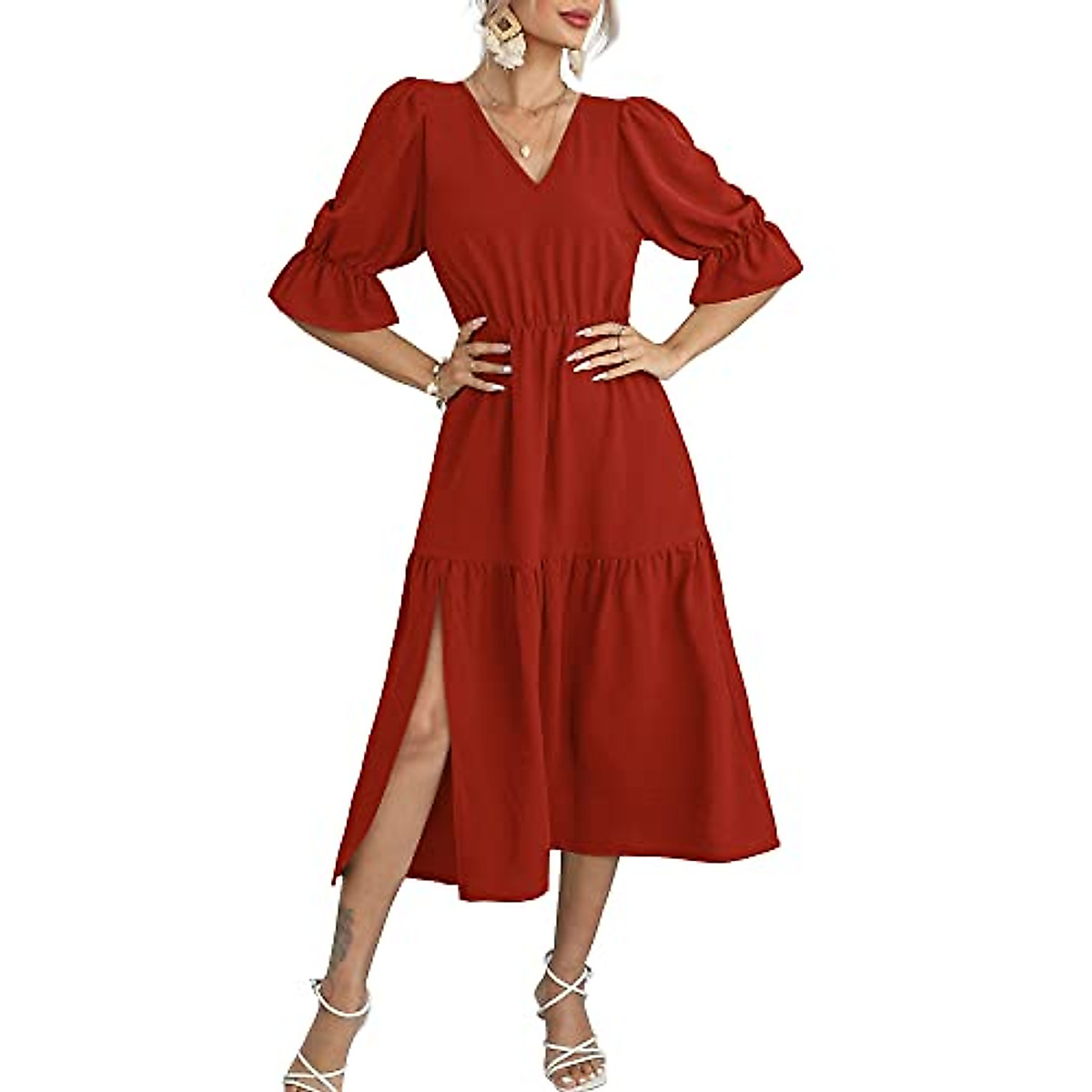OFEEFAN Midi Dresses for Women Summer Casual Smocked Dress Flowy V Neck Dress Long Burgundy M