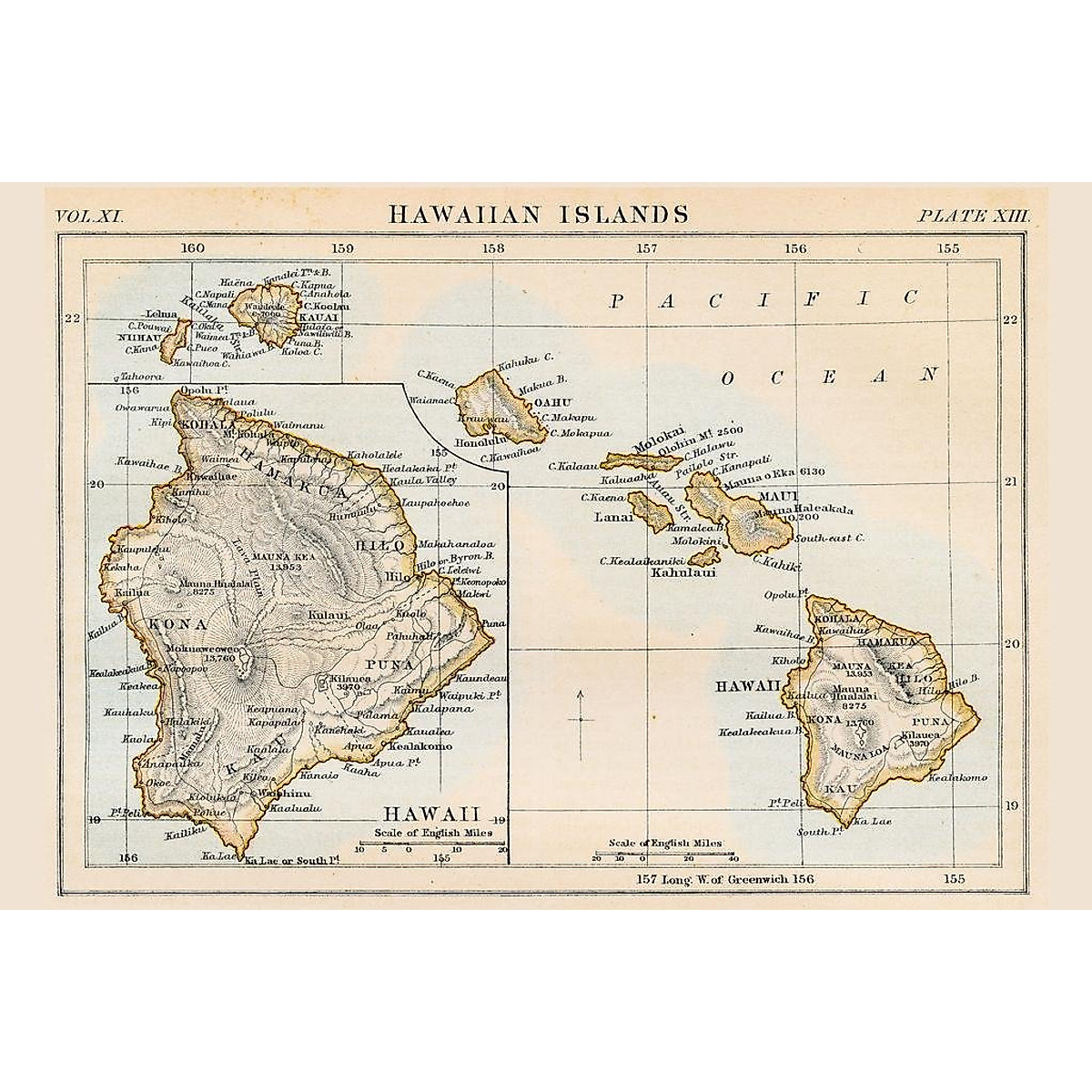 Hawaiian Islands 1883 Historical Antique Style Map Travel World Map with Cities in Detail Map Posters for Wall Map Art Geographical Illustration Island Cool Wall Art Print Poster 36x24