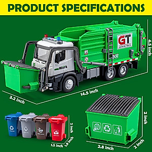 Garbage Truck Toys for Boys, 12" Big Trash Truck with Lights and Sounds, Friction Powered Waste Management Recycling Toy Set with 4 Trash Cans and Sorting Cards, Gift for Kids