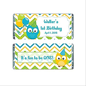 Owl Birthday Party Favors, Personalized Candy Wrappers for Chocolate, Pack of 20 Custom Hershey Bar Labels