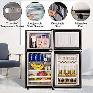 Anukis Compact Refrigerator 3.5 Cu Ft 2 Door Mini Fridge with Freezer For Apartment, Dorm, Office, Family, Basement, Garage, Silver
