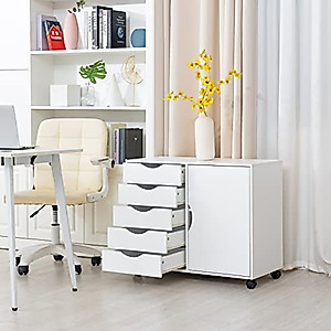 QDSSDECO 5-Drawer Chest with 1 Door, Wooden Storage Chest of Drawers, Mobile Dresser Cabinet with Wheels, Printer Stand for Home Office Bedroom