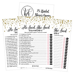 Hadley Designs 25 Gold Wedding Bridal Shower Engagement Bachelorette Anniversary Party Game Ideas, He Said She Said Cards, Funny Co Ed Trivia Rehearsal Dinner Guessing Question Fun Supplies Kit
