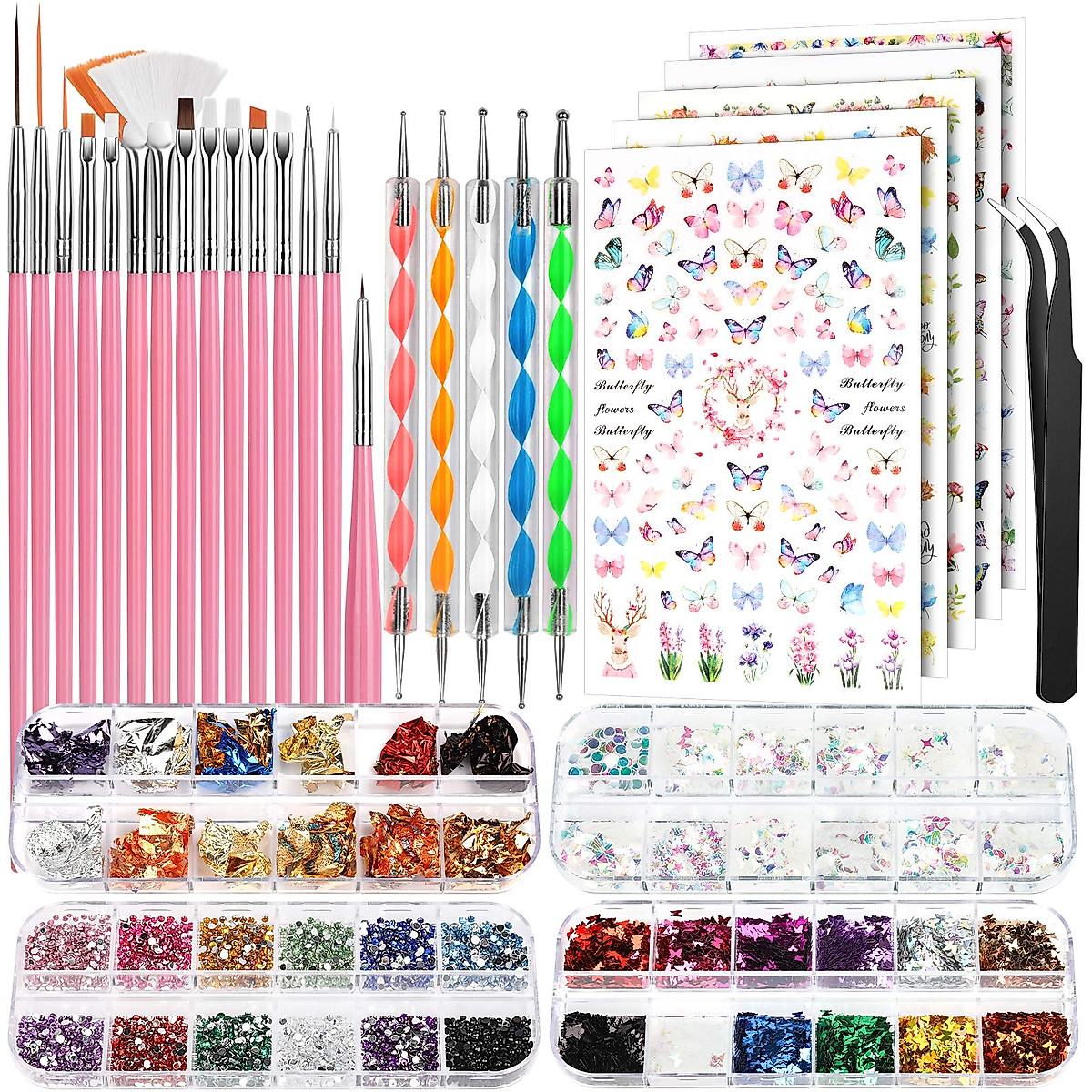 FANDAMEI Nail Art Brushes Set, Nail Art Kit, Nail Design Kit, Nail Art Dotting Pens, Nail Stickers, Butterfly Nail Art Sequins, Nail Foils, Nail Art Flakes Iridescent, Rhinestones For Nails
