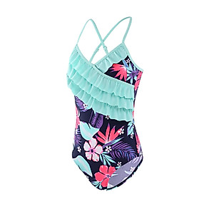 Big Girls One Piece Swimsuit Hawaiian Ruffle Swimwear Beach Bathing Suit Purple Size 10/12