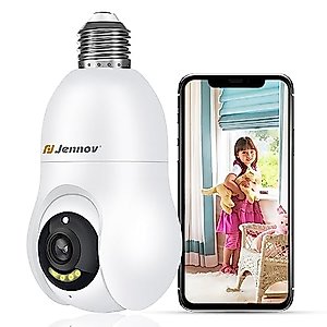 Jennov 2K/3MP Light Bulb Security Camera, 2.4Ghz Wi-Fi Security Camera Wireless Outdoor, 360° Indoor Light Socket Camera Easy Installation, Auto Tracking, Motion Detection, Compatible with Alexa