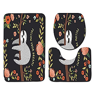 3 Pcs Bathroom Rugs+Lid Toilet Cover+Bath Mat Set, Follow Your Dreams Sloth Pattern Non Slip Flannel Carpets for Home Bedroom Bathroom Decor (Large)