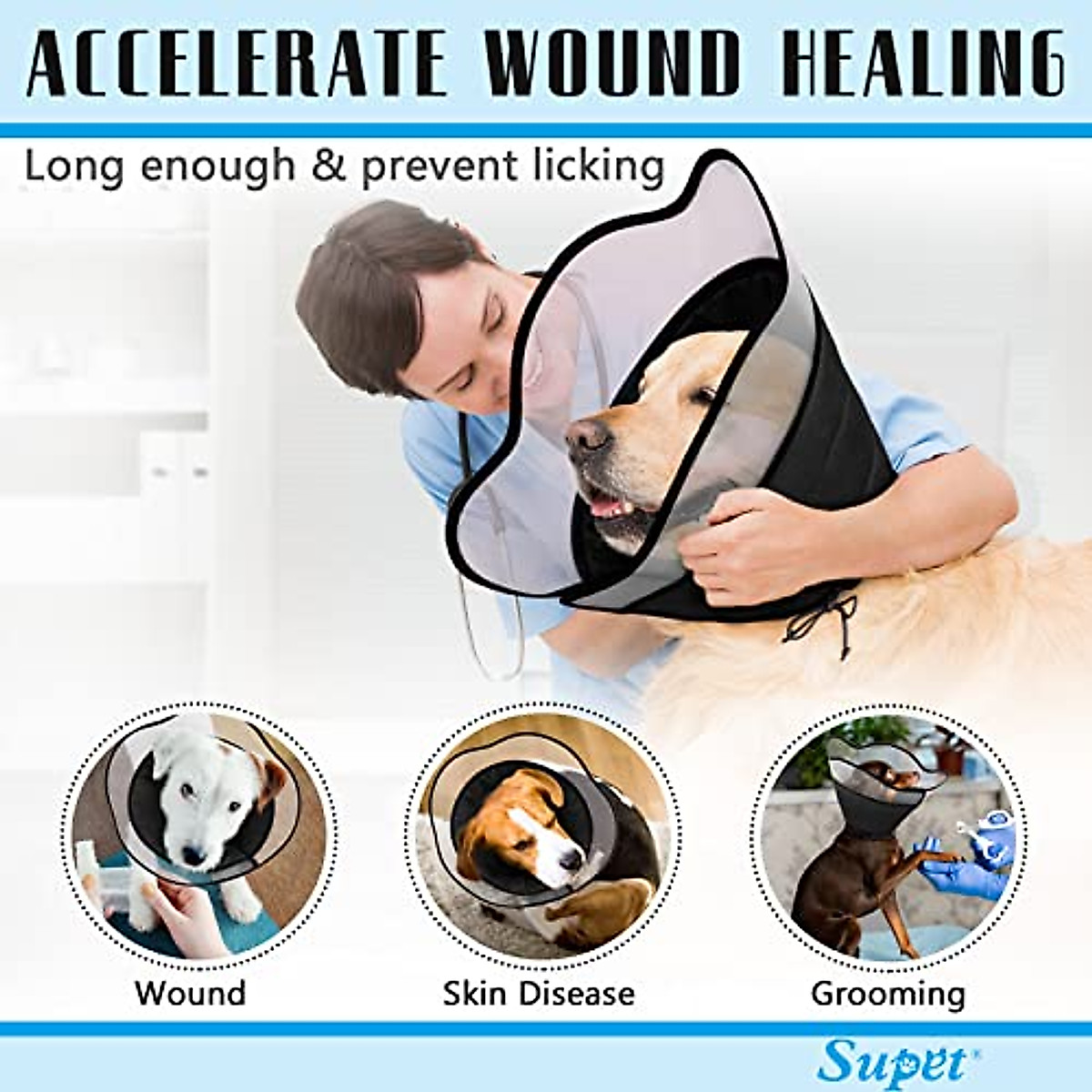 Supet Dog Cone for Dogs After Surgery, Soft Dog Cones for Large Medium Dogs, Comfortable Elizabethan Collar for Dogs to Stop Licking, Adjustable Pet Recovery Collar for Small Dogs