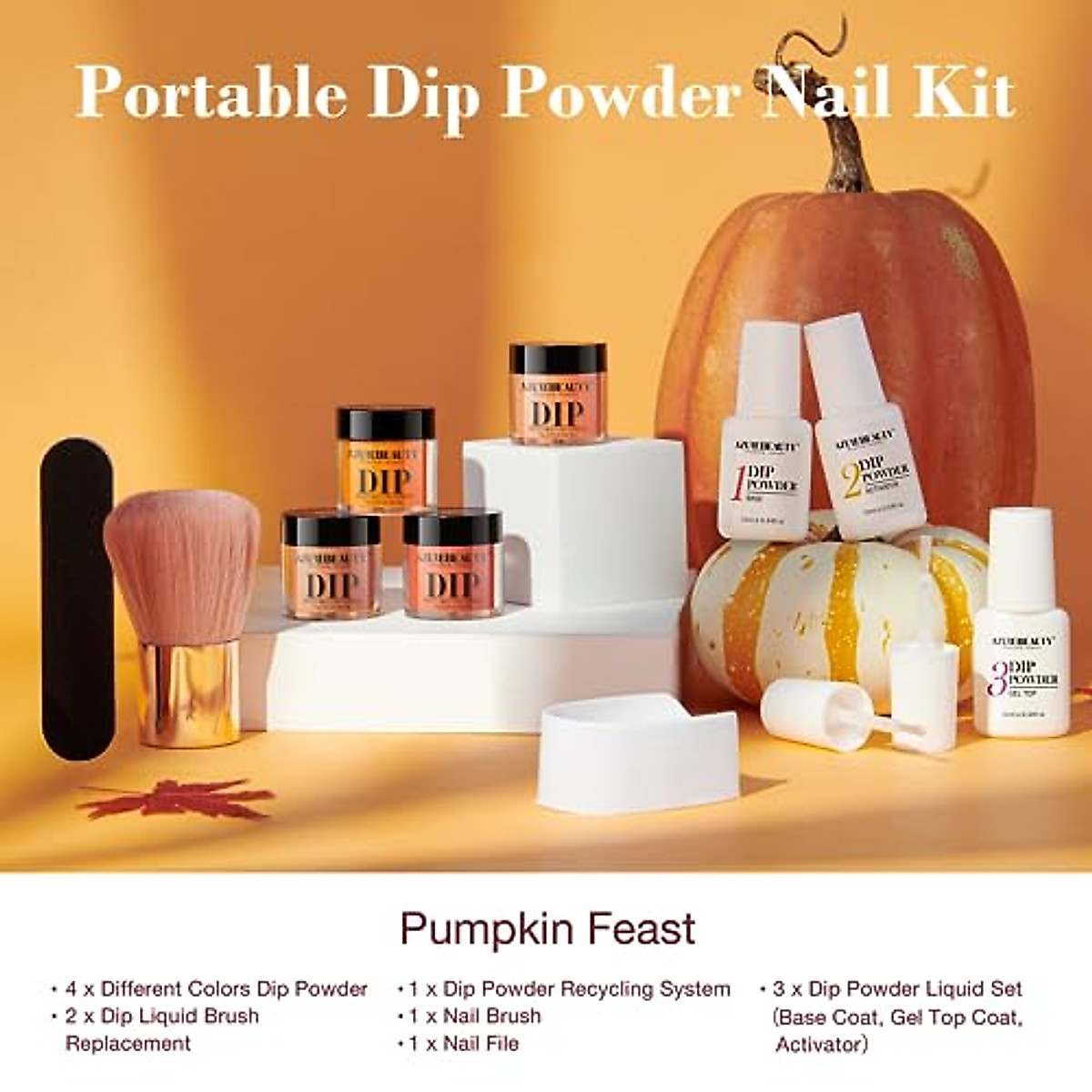 AZUREBEAUTY Dip Powder Nail Kit Starter, Orange Brown Glitter, 4 Fall Pumpkin Maple Dark Colors Set, French Halloween Nail Art Base Top Coat Activator Essential Liquid Manicure DIY Salon 12 PCS