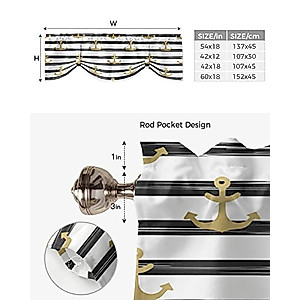 OneHoney Tie Up Curtain Valances Window Topper,Shade Valance for Kitchen Windows Nautical Theme Gold Anchor Rod Pocket Tie-up Curtains Window Treatment Drapes Black White Stripes 1 Panel-42 x18