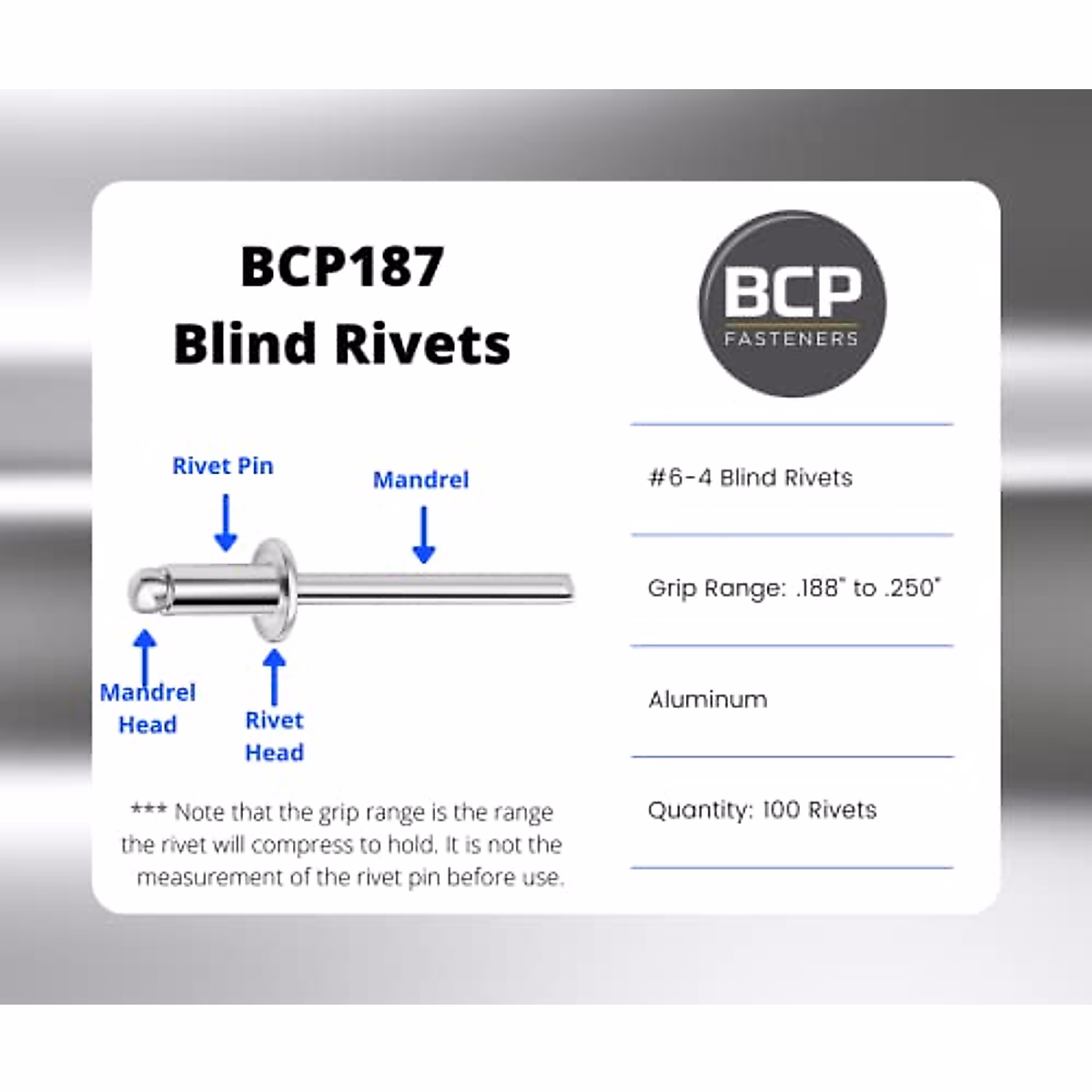 100 Qty Aluminum Blind Rivets (#6-4) 3/16" Diameter x 1/4" Grip (BCP187)