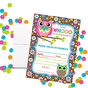 Owl Themed Birthday Party Celebration Invitations 20 5x7 Fill In Cards with Twenty White Envelopes by AmandaCreation Look Whoo is having a birthday!
