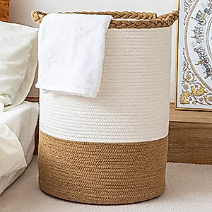 Homlikelan 72L Woven Laundry Basket,Tall Wicker Laundry Basket for Blankets,Clothes,Pillows,Toys,Shoes Large Cotton Laundry Hamper for Bedroom Living Room Bathroom Nursery White Brown