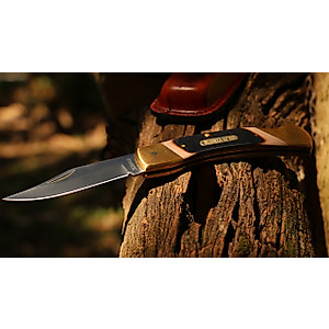 Old Timer 7OT Cave Bear Traditional Lockback Pocket Knife with 3.9in High Carbon Stainless Steel Blade, Sawcut Handles, and Leather Belt Sheath for Hunting, Camping, Whittling, EDC, and Outdoors