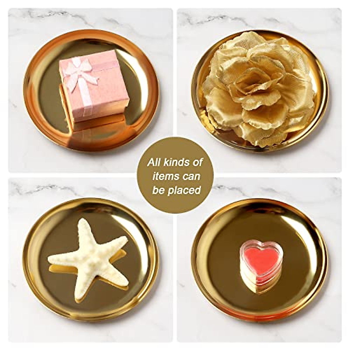 wexpw 2 Pack Gold Jewelry Dish Plate 4inch Stainless Steel Small Gold Decorative Jewelry Tray Golden Tray Round Metal Tray Gold Small Vanity Tray Tea Tray Fruit Trays