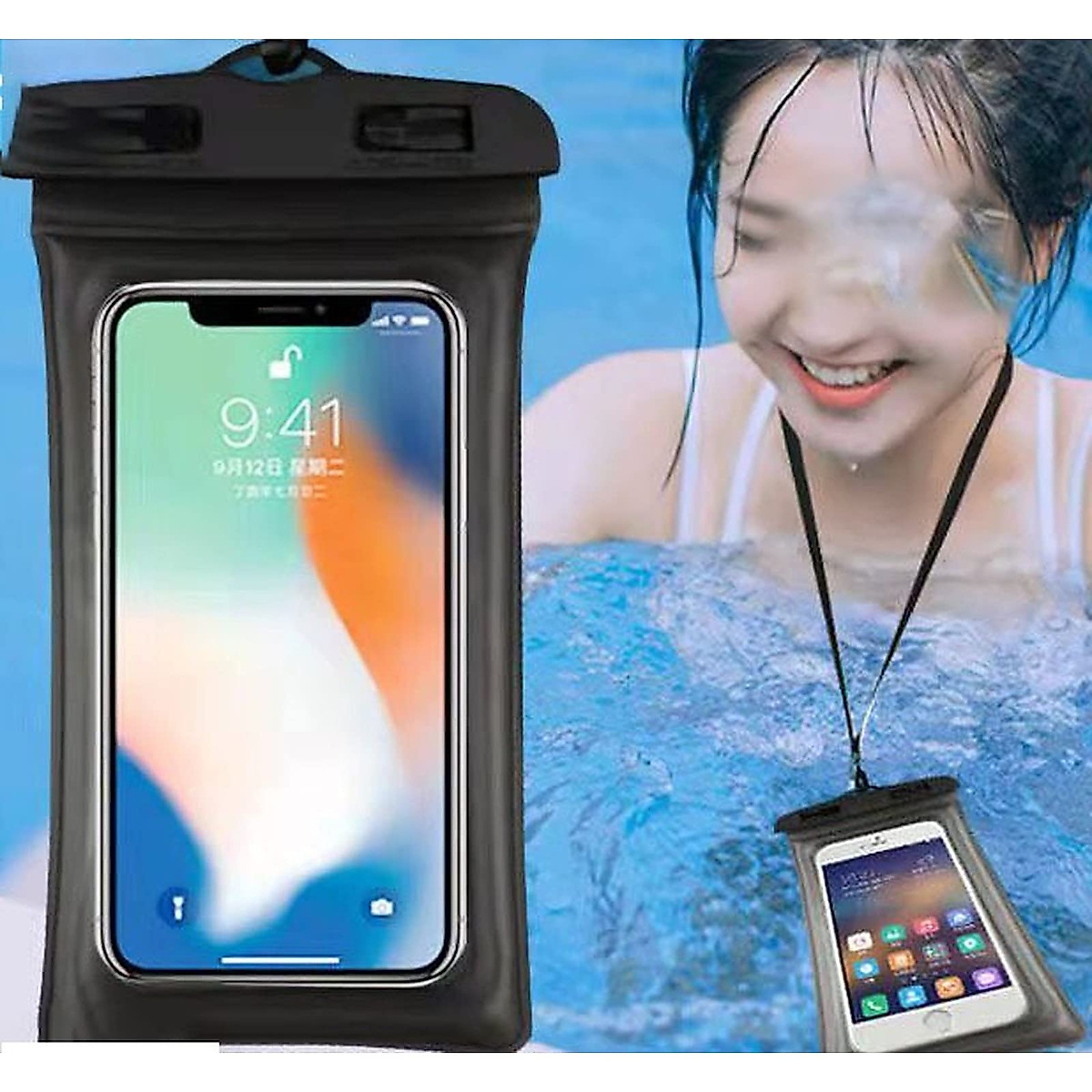 MOMODEER Universal Waterproof Case Cellphone Dry Bag, Universal Float Waterproof Case Underwater Dry Bag for Beach Swimming Kayak -2 Pack, Black