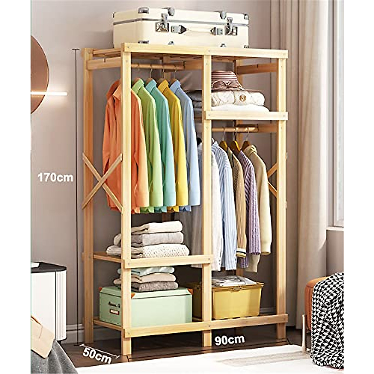 ZJDU Solid Wood Garment Rack,Clothing Garment Rack with Shelves, Minimalism Wardrobe Closet Organizer, Heavy Duty Clothing Rack,for Home Office Hallway Bedroom