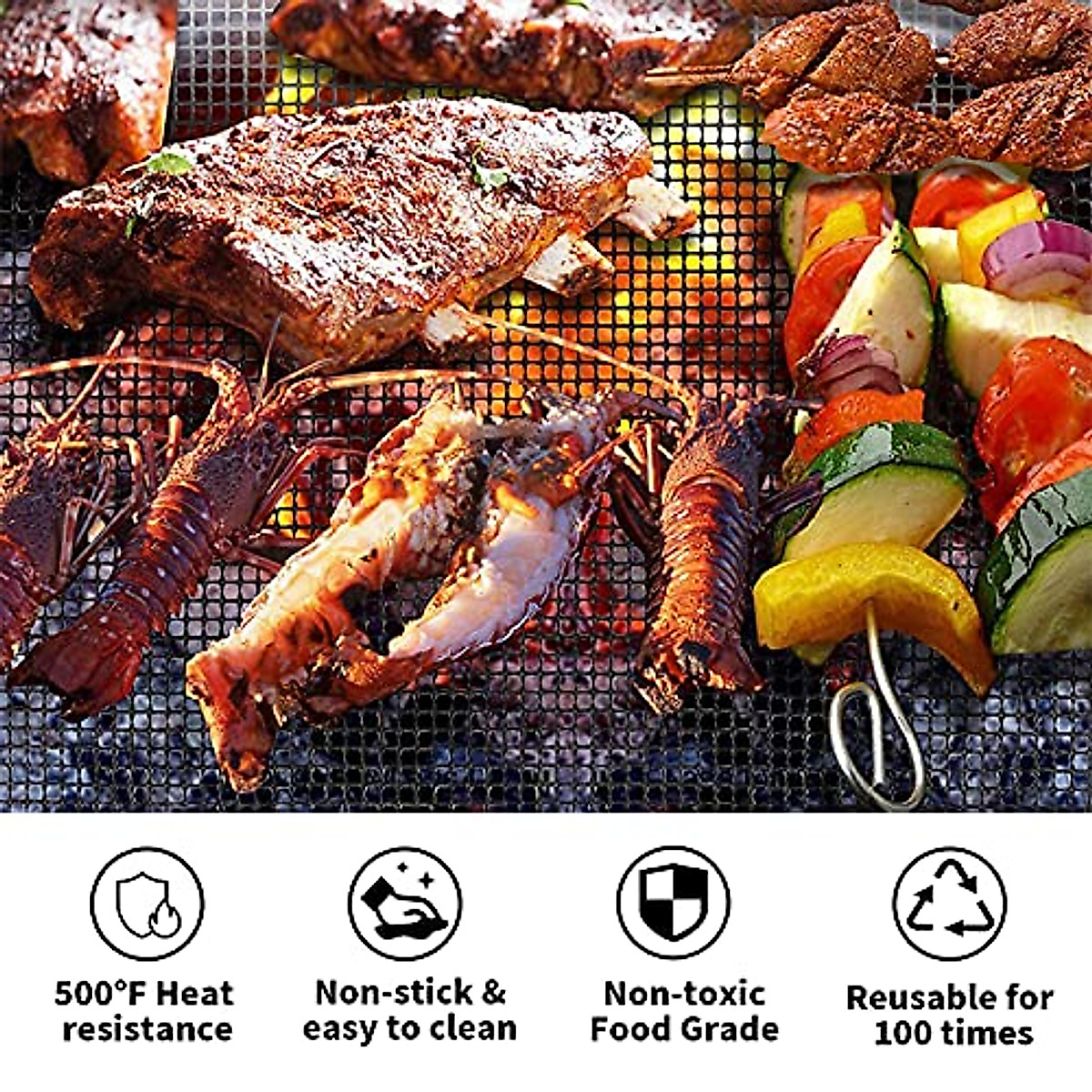 Grill Mesh Mat Set of 3 - Heavy Duty BBQ Non-stick Cooking Sheet Liners Reusable Teflon Barbecue Grilling Net for Outdoor Smoker, Pellet, Gas, Charcoal Grills - 11.8x13.8