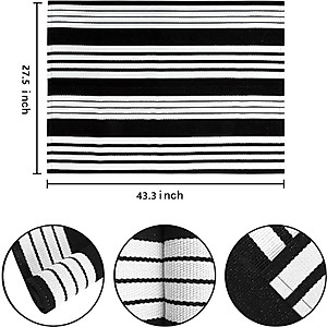 BUAGETUP Black and White Layered Doormat,27.5x43.3inch Striped Outdoor Rug Hand Woven Cotton Indoor Outdoor Rug for Porch Layered
