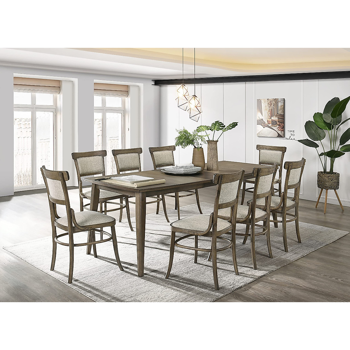 Lilola Home Bistro Vintage Walnut Dining Table with Extension Leaf and Off White Fabric Dining Chairs