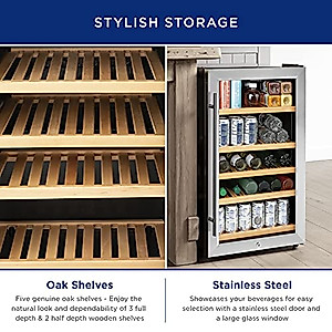 GE Wine Cooler & Beverage Refrigerator | Mini Fridge With Lock & Key Included | Complete With Oak Shelving, Glass Exterior & Warm Interior Lighting | Fits 109 Cans or 31 Wine Bottles | Stainless Steel