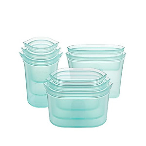 Zip Top Reusable Food Storage Bags | Full Set of 8 [Teal] | Silicone Meal Prep Container | Microwave, Dishwasher and Freezer Safe | Made in the USA