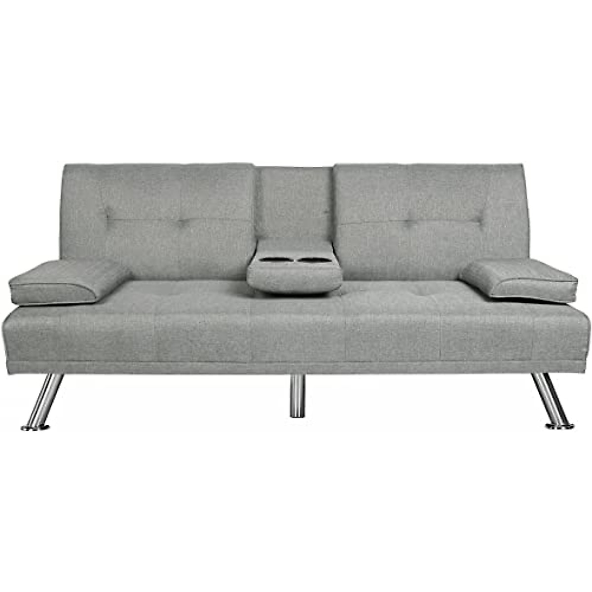 FULife Futon Sofa Convertible Sleeper Couch Bed Daybed Loveseat, Folding Recliner with 2 Cup Holders, Metal Legs, Removable Soft Pillow-Top Armrest for Living Room Small Place, Light Gray 66.1