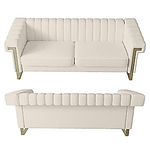 MGH Modern Sofa,Collection Contemporary Velvet Upholstered Sofa Couch with Stainless Steel Base,83.86“ Lx 30.70“ Wx 30.51“ H(Beige)
