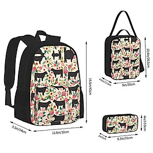 MQGMZ Pink Flower Show Steer Cows Cattle Print Backpack 3 Pcs Set Travel Hiking Lightweight Water Laptop Pencil Case Insulated Lunch Bag