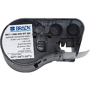 Brady - MC1-1000-595-WT-BK Official (MC-1000-595-WT-BK) High Adhesion Vinyl Label Tape, Black on White - Designed for BMP41, BMP51 and BMP53 Label Printers - 25' Length, 1" Width