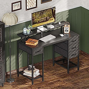 Huuger 47 inch Computer Desk with 4 Drawers, Gaming Desk with LED Lights & Power Outlets, Home Office Desk with Large Storage Space for Bedroom, Work from Home, Black