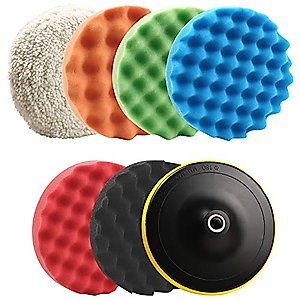 OTUAYAUTO 7 inch Buffing Polishing Pad - 5pcs Waffle Foam, 1pc Wool Polishing Pad and a M14 Threaded Polisher Grip Backing Plate