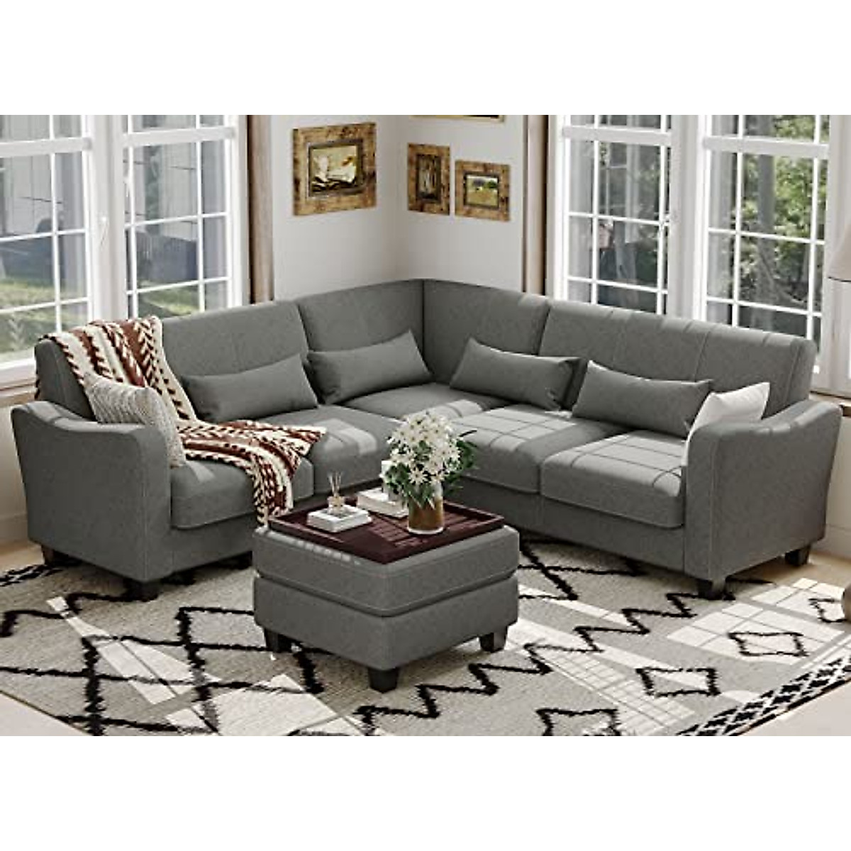 Belffin Reversible L Shaped Couch Small Convertible Sectional Sofa Couch L-Shaped Sofa with Storage Ottoman 4 Seat Sofas for Living Room Furniture Light Grey
