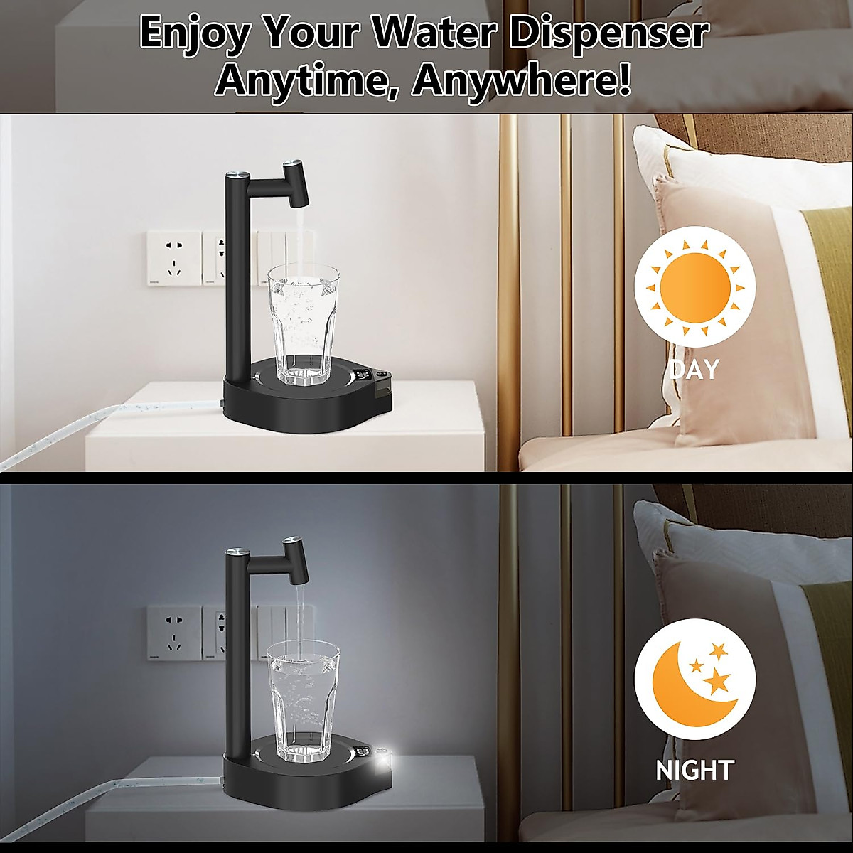 Desktop Water Bottle Dispenser - Smart Night Lights Countertop Water Dispenser 10 Levels Pumping for 5 Gallon Universal Bottle, Intelligent Portable USB-C Charging Water Pump for Home, Office, Outdoor