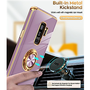 LeYi for Galaxy S9 Plus Phone Case: 360° Rotatable Ring Holder Magnetic Kickstand [ Not Applicable Samsung S9 ], Plating Rose Gold Edge Protective Case, Purple